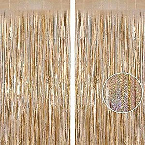 Champagne Tinsel Foil Fringe Curtain Backdrop, 2 Pack Metallic Glitter Curtains Party Decorations Streamers, Xmas Champagne Backdrop for Birthday Wedding Bridal Shower Homecoming New Year