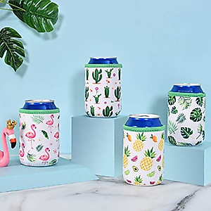 Set of 4 Neoprene Can Sleeves - Collapsible Thermocoolers Can Cooler Sleeves Tropical Summer Soda Beer Caddies for Weddings Bridal Shower Birthday Beach Bachelorette Parties