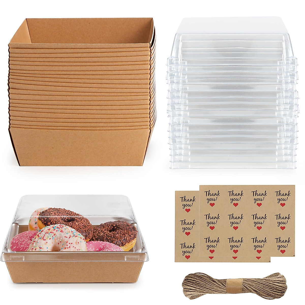 Charcuterie Boxes 20 Pack with Clear Lids, Square Disposable Paper Food Containers to Go Bakery Boxes for Strawberries, Cake Slice, Desserts, Donuts, Party, Wedding, Outdoors and Home Use (Brown)