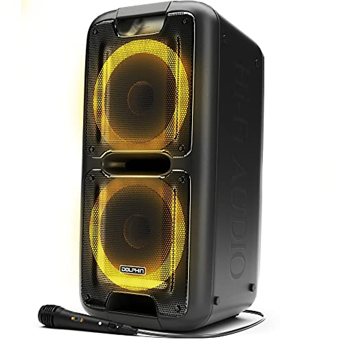 Party Speaker by Dolphin, Portable Bluetooth Speaker on Wheels with Sound Activated Light Show (SP-2100RBT)