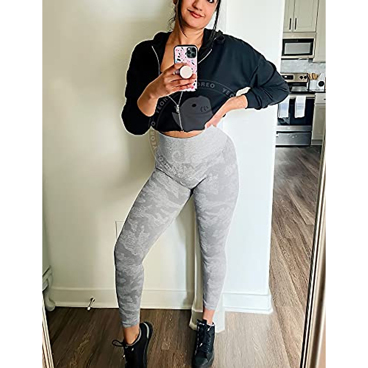 YEOREO Women's Seamless Camo Workout Leggings High Waisted Tummy Control Yoga Pants Gym Compression Tights Grey L