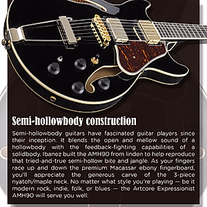 Ibanez AMH90 AM Artcore Expressionist Semi-Hollowbody Electric Guitar, Black