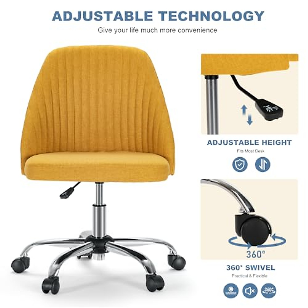 DUMOS Fashion Small Wheels Cute Vanity Swivel Back Mid Century Modern Armless Home Desk Task Chair for Bedrooms, Office, Dressing Room, Study, Yellow