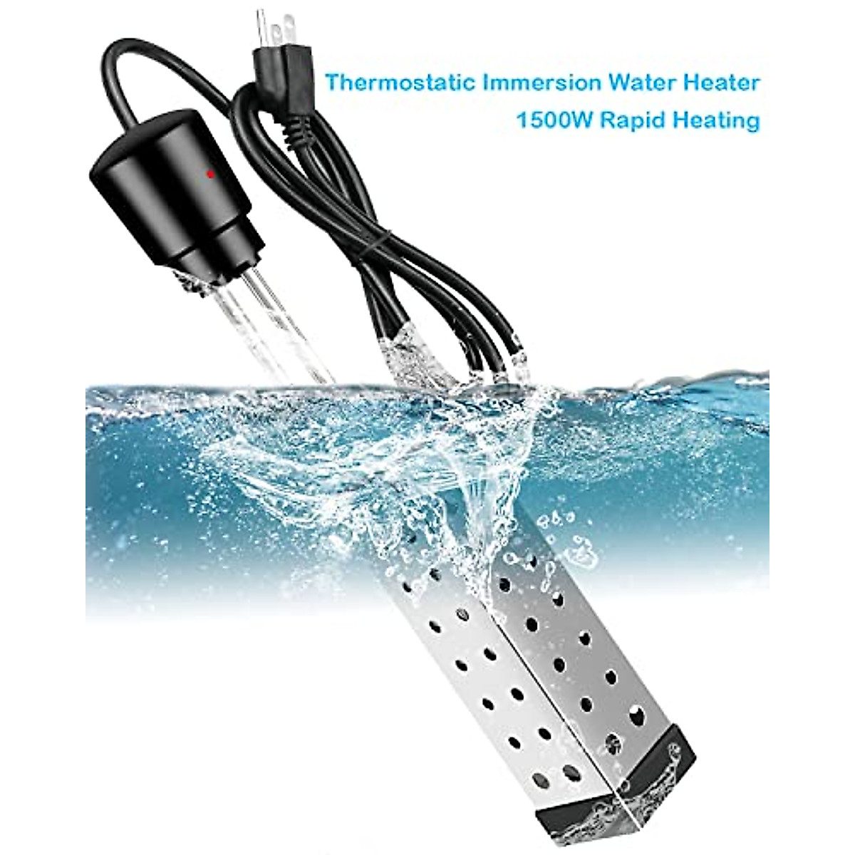 Pool Water Heater Above Ground, Portable 1500W Immersion Water Heater with Stainless Steel Guard Cover and Suspension Head for Bathtub, Garden, Backyard