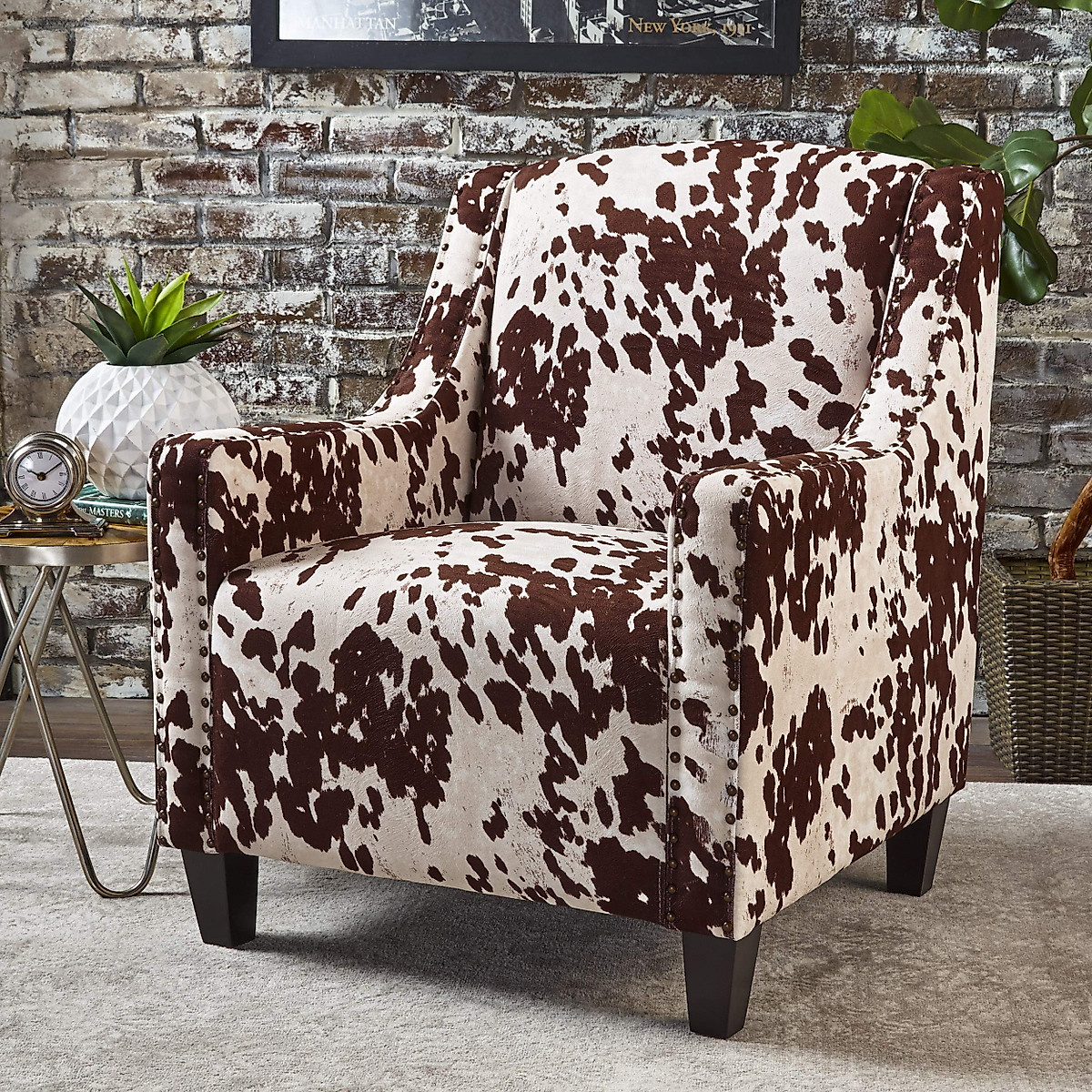 Christopher Knight Home Elysabeth Studded Velvet Club Chair, Milk Cow / Dark Brown 32.75D x 29.25W x 37.5H in