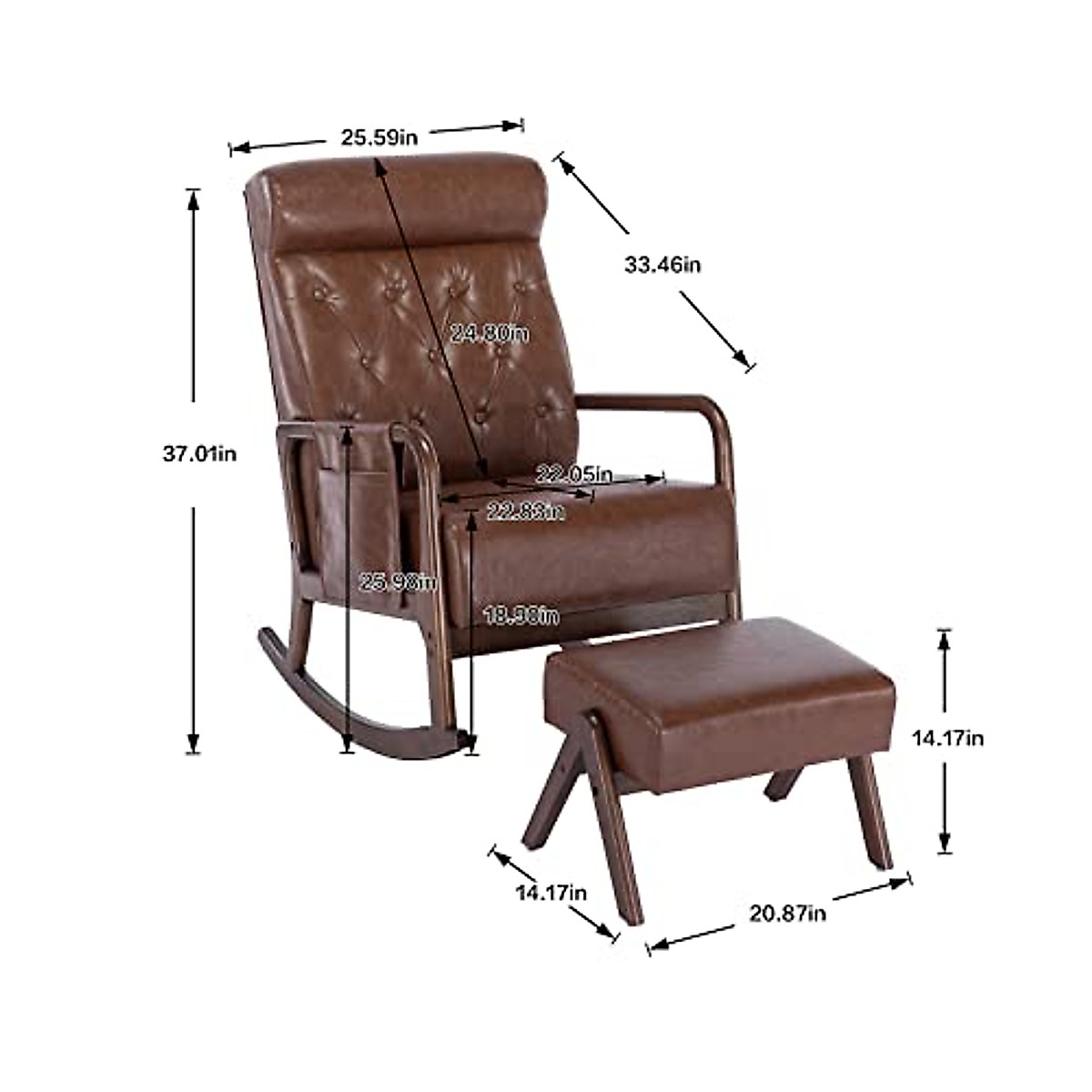 Kurhwyss Nursery Rocking Chair with Ottoman, Upholstered Rocker Chair with Arm Pocket, Modern Accent Glider Chair with Comfy High Back for Living Room Bedroom (Brown)