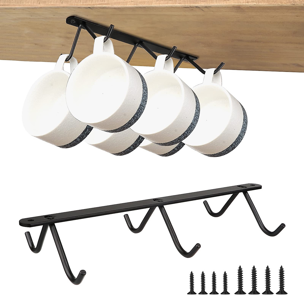 Emhumn 2PCS Mug Racks Under Cabinet, 12 Cups Hooks Mug Holder Coffee Cup Hanger Under Coffee Bar, Black Mug Cups Organizer in Kitchen, Mugs Hanging Racks Under Shelf Counter Drying for Display