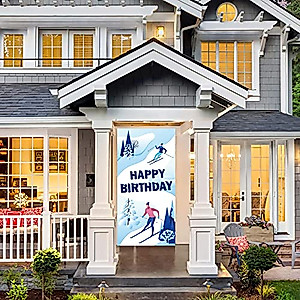 Skiing Happy Birthday Banner Backdrop Background Sports Ski Snowboards Theme Decor Decorations for Skier Winter Christmas 1st Birthday Party Baby Shower Supplies Photo Booth Props Favors