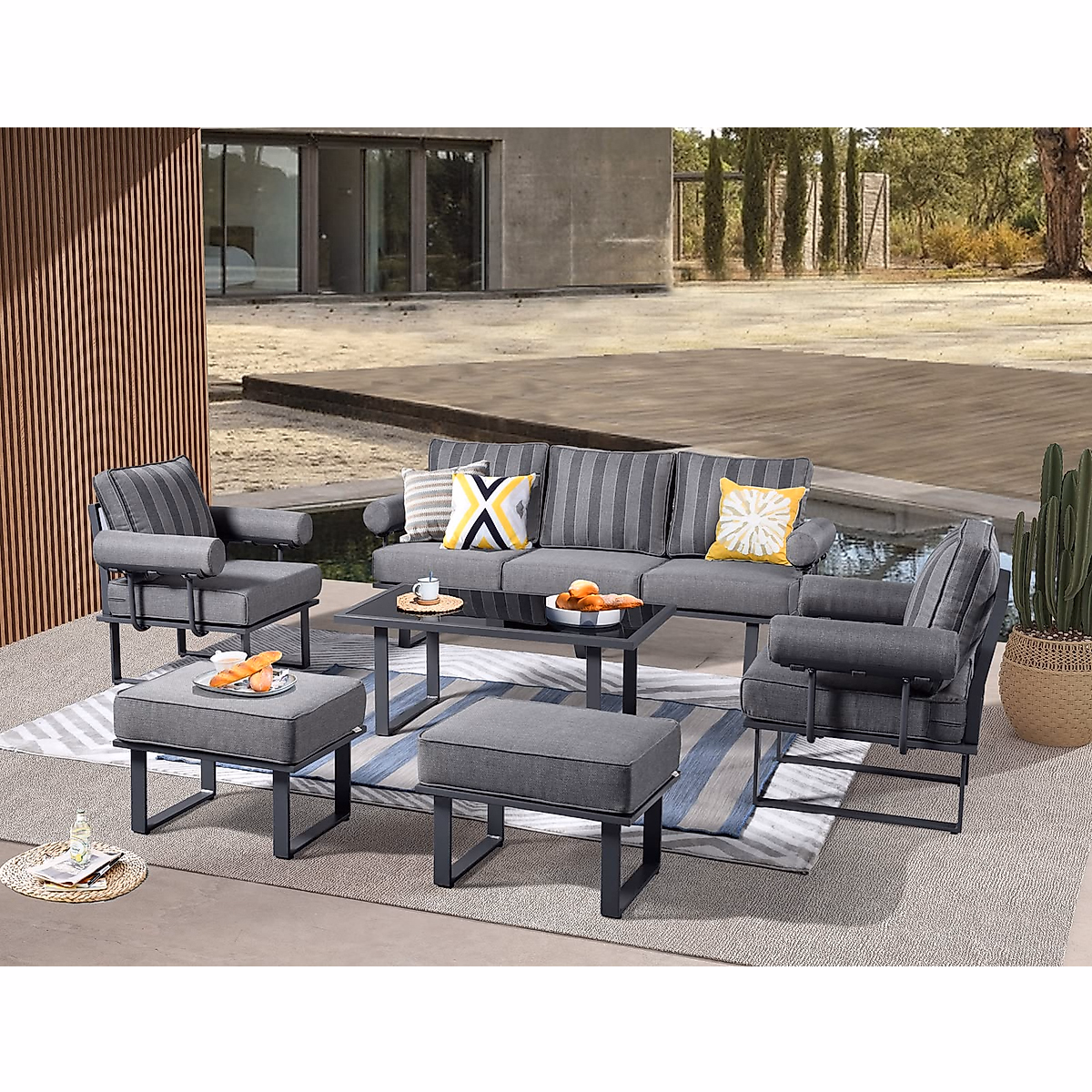 ovios Patio Furniture Set 6 Pieces Outdoor Aluminum Sofa Couch with Coffee Table Ottomans Cushions High Back Sofa All Weather Conversation Set, Black-Grey Stripe