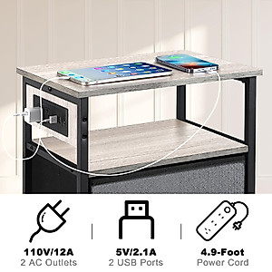 NANANARDOSO End Table with 3 Drawers and 2-Tier Shelf, Fabric Small Dresser Organizer Vertical Storage with Charging Station, Industrial Nightstand Side Table for Bedroom, Sofa, Grey