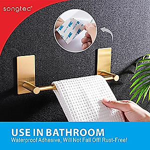 Songtec Gold Towel Bar 9-Inch, Adhesive Bath Towel Rack No Drill, Strong Adhesion Tape Mount Towel Holder, Stainless Steel - Brushed Gold