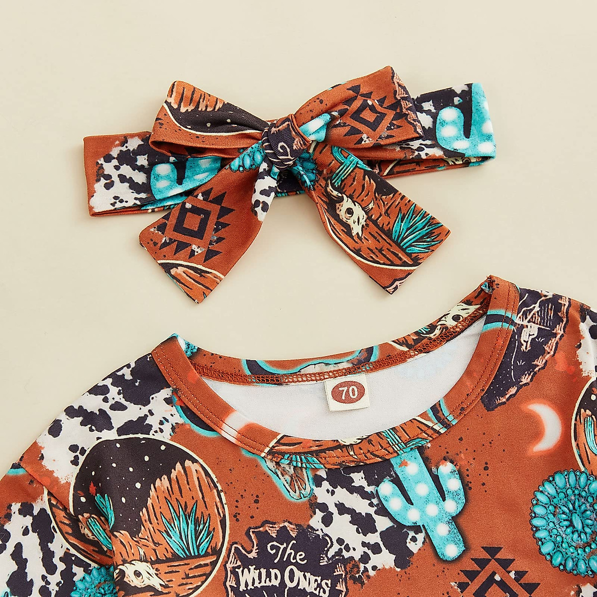 Newborn Baby Girl Romper Flare Long Sleeve Floral Cow Print Bodysuit Jumpsuit with Headband Cute Fall Winter Clothes (Brown, 6-12 Months)