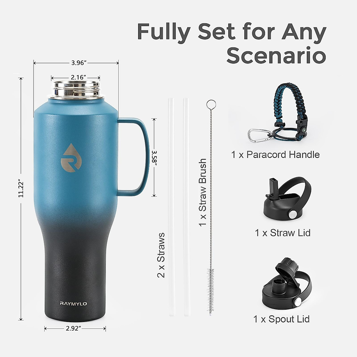 RAYMYLO Insulated Water Bottle 40oz (Cold for 48 Hrs), Stainless Steel Water Bottle with Handle & Straw Lid & Paracord Handle, Triple Wall Vacuum Leakproof Travel Flask, Fit in Any Car Cup Holder
