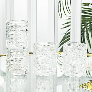Glass Cups Vintage Drinking Glasses Set of 4, Clear Hobnail Glasses Tumbler, Embossed Design Glassware, Romantic Water Glasses, for Beverage, Juice, Cocktail, Soda, Water, Whiskey (Large)