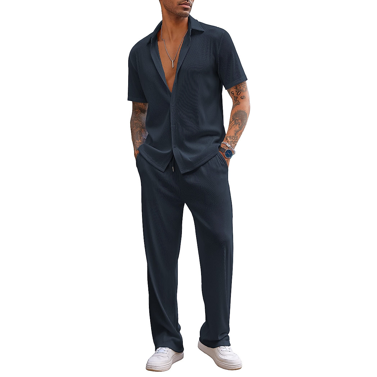 COOFANDY Men's 2 Piece Outfit Casual Short Sleeve Button Down Shirt Beach Summer Loose Pant Sets