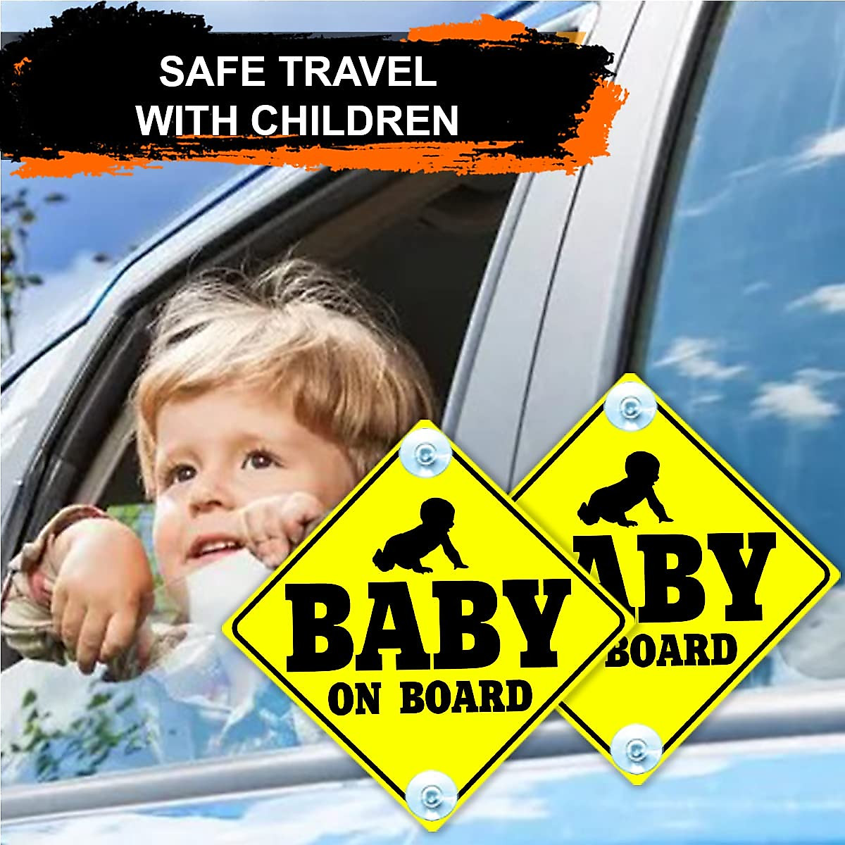 2 PC Baby on Board Sign - 5 x 5 Baby on Board Sticker for Cars - Baby on Board Suction Signs for Car - Baby in Car Sign - Funny Baby on Board Sign