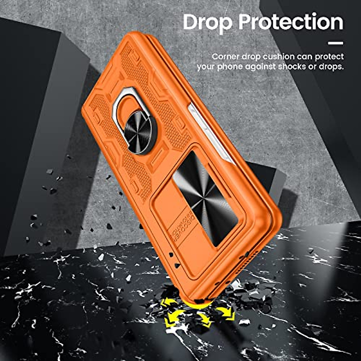 VEGO for Samsung Galaxy Z Fold 3 Case with Stand, Slide Camera Cover & Screen Protector & 360°Ring Magnetic Kickstand Military Grade Heavy Duty Protective Case for Galaxy Z Fold 3- Orange