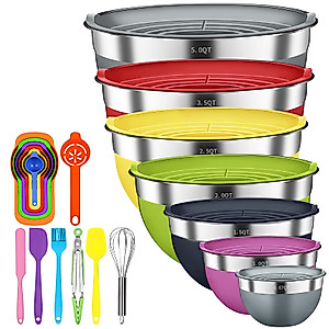 Zacfton 20 Pieces Mixing Bowls Set with Lids, Metal Nesting Storage Salad Bowls, Stainless Steel Bowls - Size 5, 3.5, 2.5, 2, 1.5, 1, 0.67QT - Great for Mixing, Preparing & Serving(Colorful)