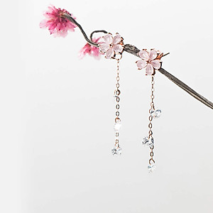 Dainty Cherry Blossoms Dangle Stud Earrings S925 Sterling Silver for Women Girls Rose Gold Pink Crystal CZ Diamond Dangling Charm Flower Leaf Threader Earring Ear Jackets Cute Jewelry Gifts Bridesmaid