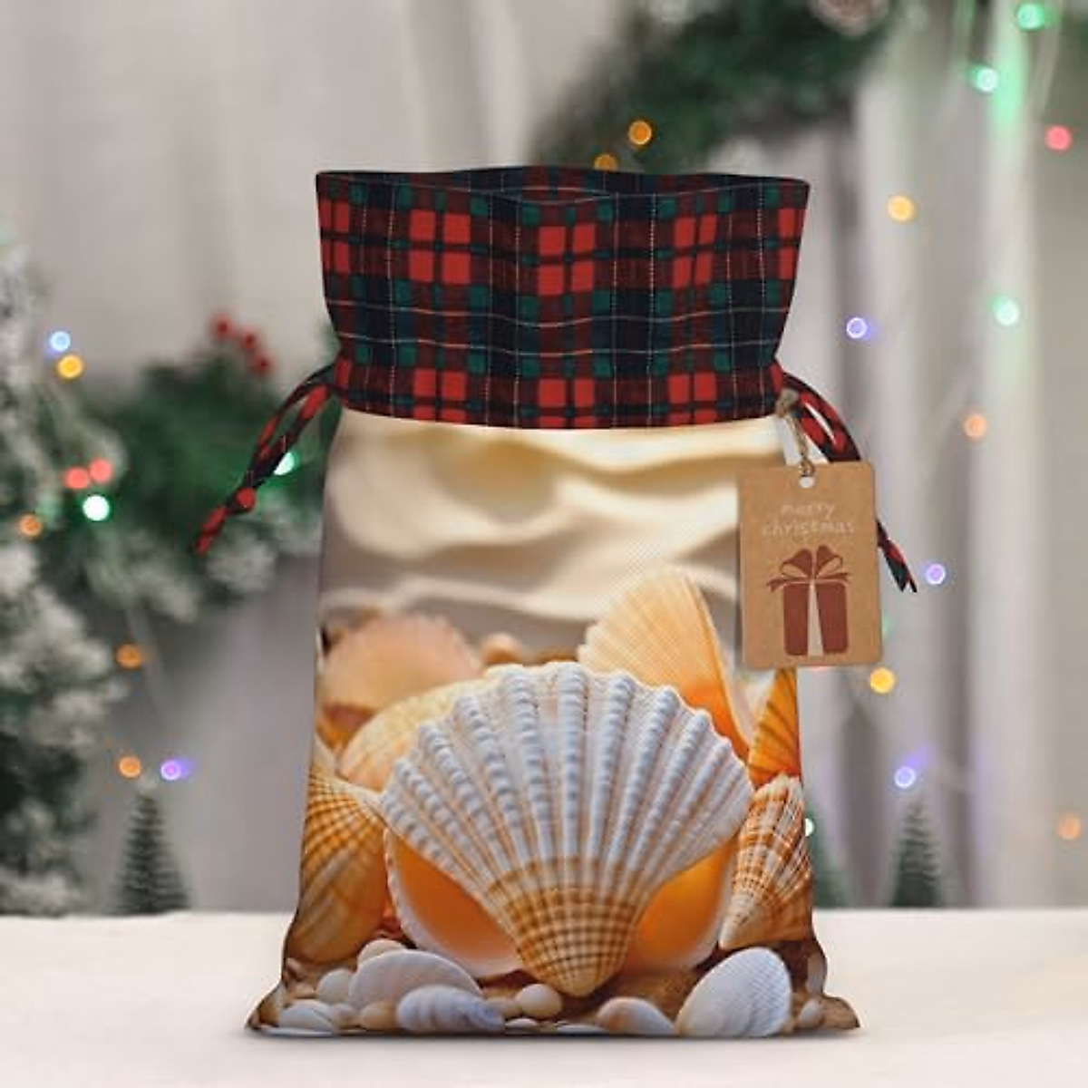 Christmas Gift Bags with Drawstring Burlap Gift Bags beautiful Shells Christmas Linen Bags for Xmas Party Candy Bags with Cards Xmas Reusable Wrapping Bags Christmas Linen Treat Bags for Holiday