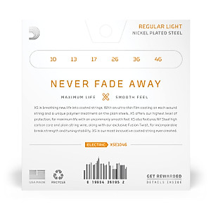 D'Addario Guitar Strings - XS Nickel Coated Electric Guitar Strings - XSE1046 - Maximum Life with Smooth Feel & Exceptional Tone - For 6 String Guitars - 10-46 Regular Light