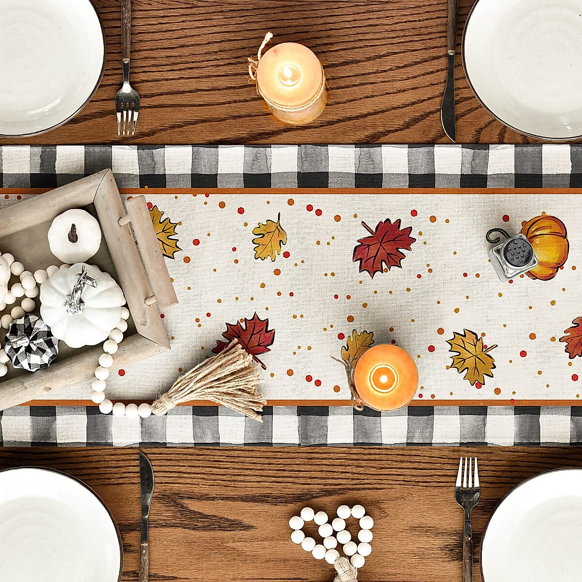 Artoid Mode Buffalo Plaid Gnome Pumpkin Maple Leaves Fall Table Runner, Autumn Kitchen Dining Table Decoration for Indoor Outdoor Home Party 13x72 Inch