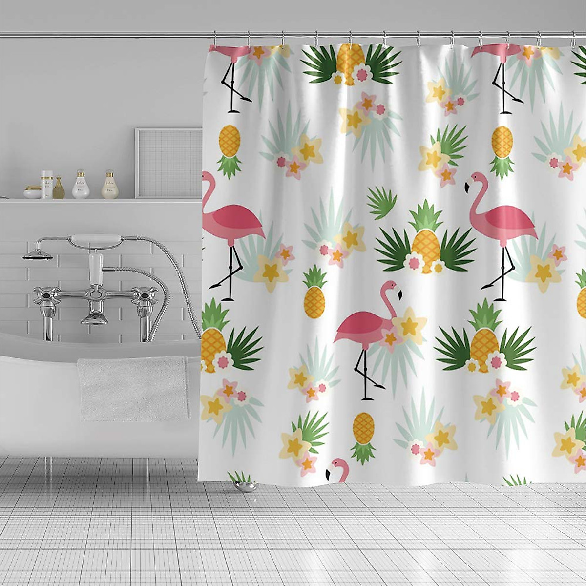 OERJU Flamingo Shower Curtain for Bathroom Flamingo Pineapple Floral Shower Curtains Waterproof Polyester Fabric Bathtub Bathroom Decor Set with Hooks Machine Washable 71x71inch