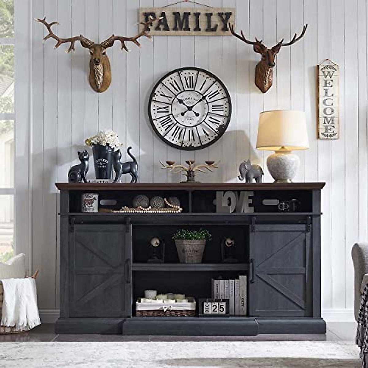 SinCiDo Farmhouse TV Stand for 80 Inch TVs, 39" Tall Entertainment Center w/Double Sliding Barn Door, Large Media Console Cabinet w/Soundbar & Adjustable Shelves for Living Room, 70inch, Dark Grey