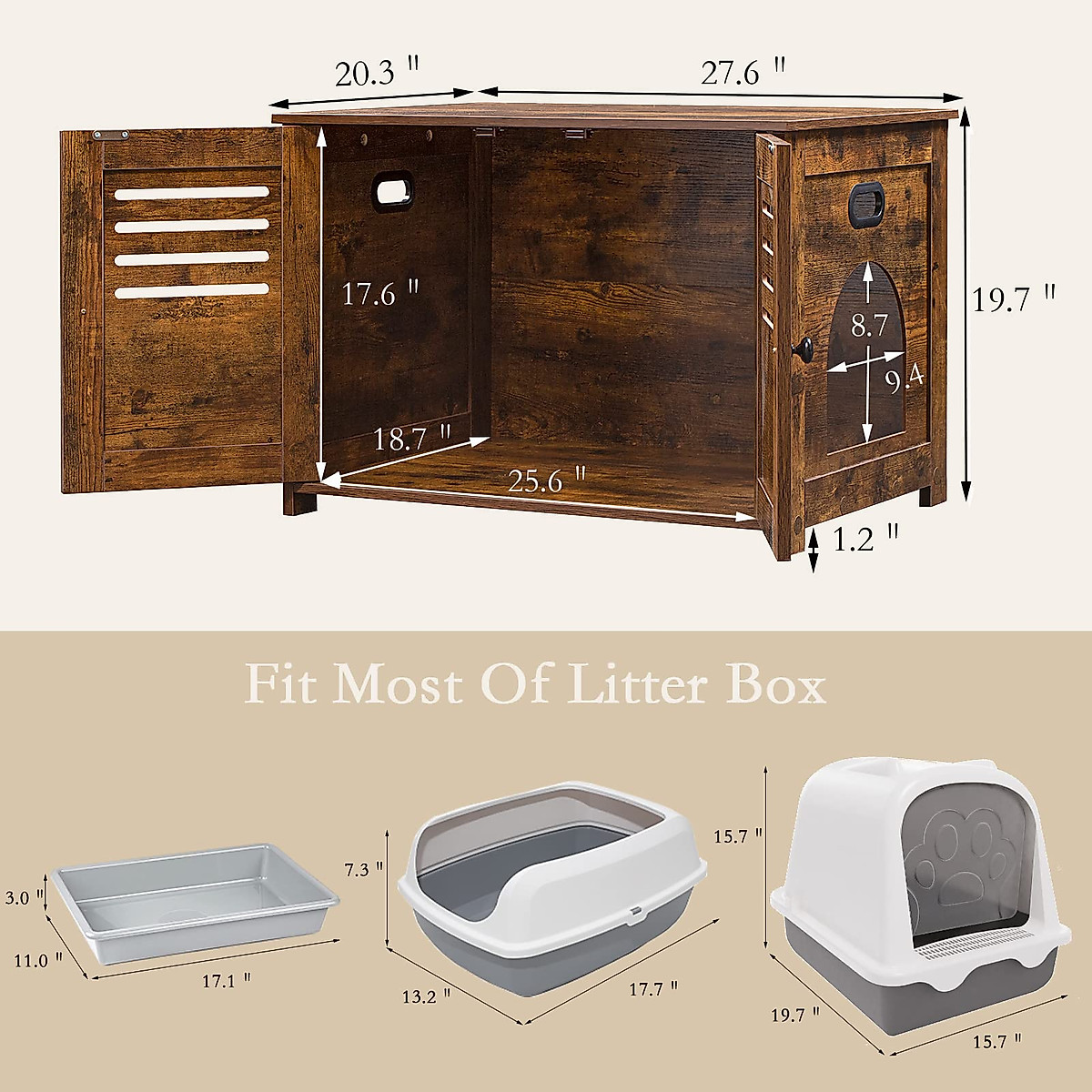 DINZI LVJ Litter Box Enclosure, Cat Litter House with Louvered Doors, Entrance Can Be on Left or Right Side, Spacious Hidden Washroom for Most of Litter Box, Cat Furniture Cabinet, Rustic Brown