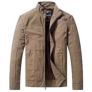 WenVen Men's Light Cotton Outwear Windbreaker Classic Military Jacket (Khaki, L)