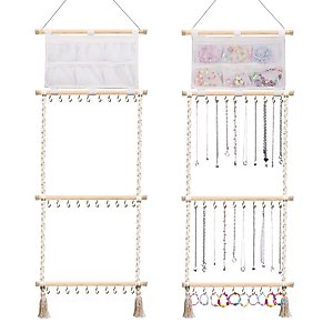 Lilcolat Hanging Jewelry Organizer Macrame Necklace Holder with 30 Hooks Wall Mounted Jewelry Hanger Over Door Necklace Rack with Tassel for Necklaces Bracelet Earrings Display Headband Bow Organizer