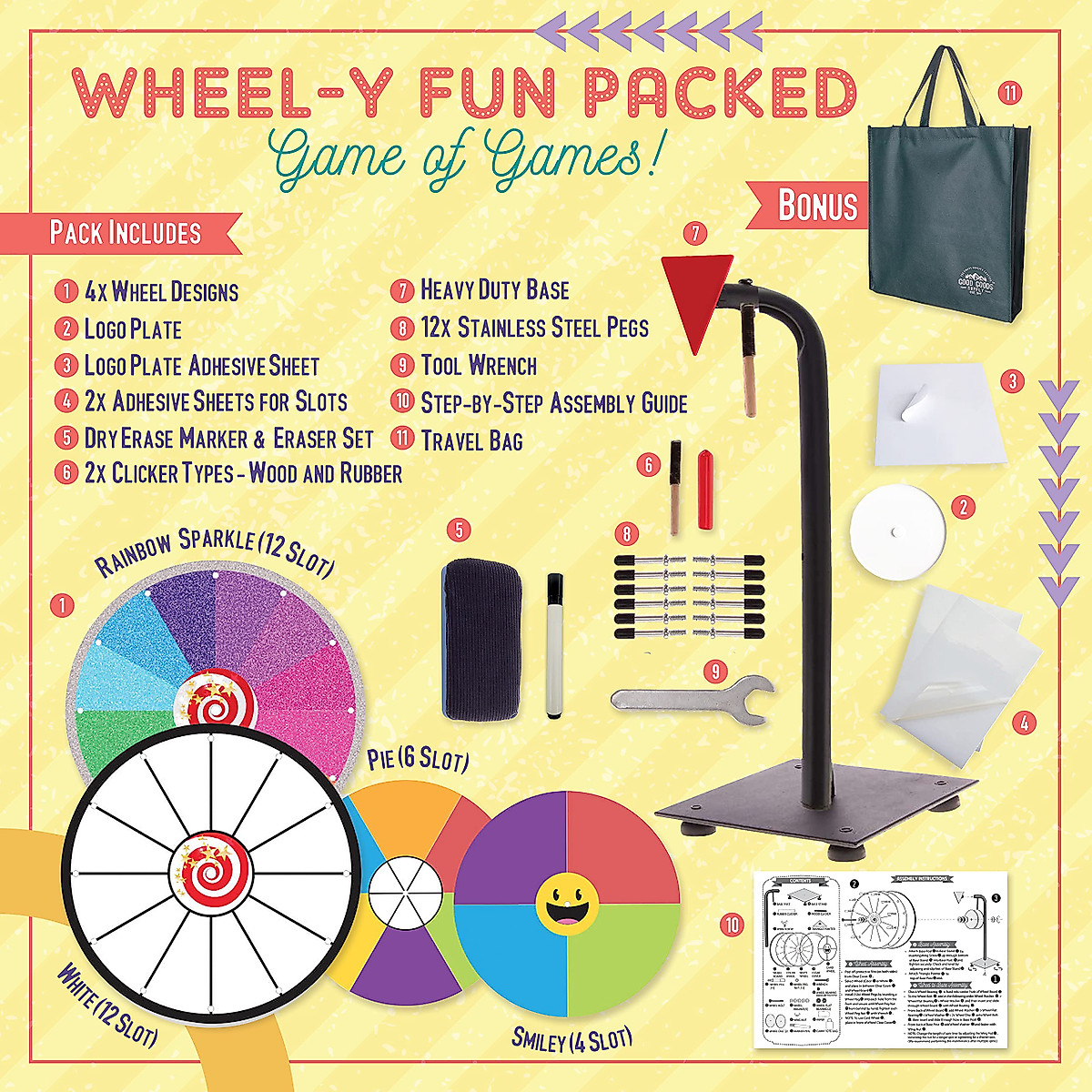 Prize Wheel Spinner Board Game - 12" Spin Wheel for Prizes with Stand, Slots 12, 6, 4 Color & White Spinning Wheels, Custom Logo Personalize Printable Self Adhesive Sheets, Dry Erase Pen, Eraser, Bag