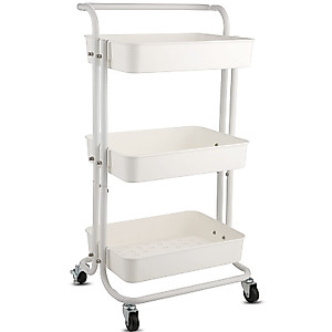 BATHWA 3-Tier Rolling Utility Cart Storage Shelves Multifunction Storage Trolley Service Cart with Mesh Basket Handles and Wheels Easy Assembly for Bathroom, Kitchen, Office(White)