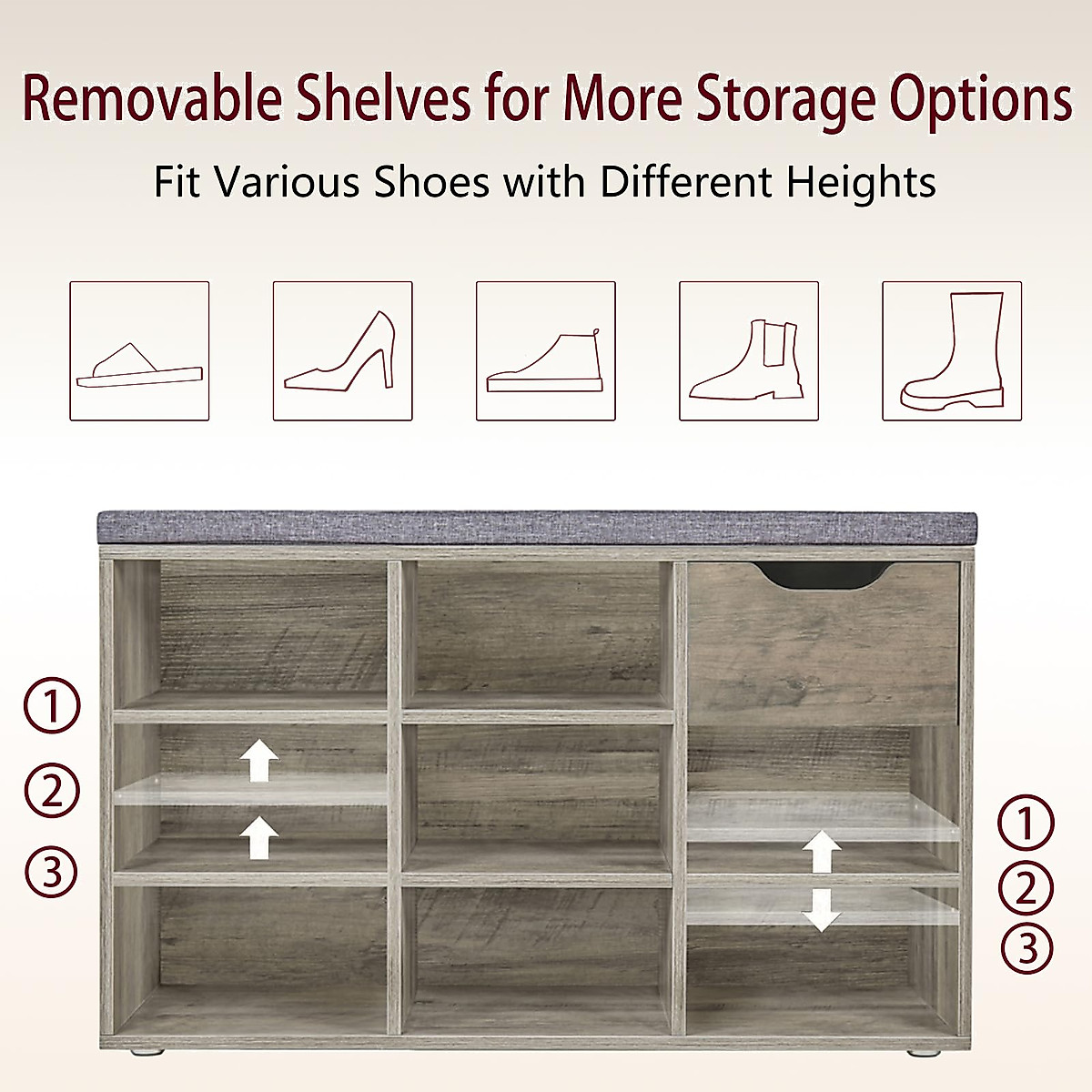 DINZI LVJ Shoe Bench, Entryway Storage Bench with Drawer and 8 Cubbies, Cubby Shoe Rack with Adjustable Shelves, Shoe Organizer Cabinet for Living Room, Bedroom, Mudroom, Closet and Garage, Grey Wash