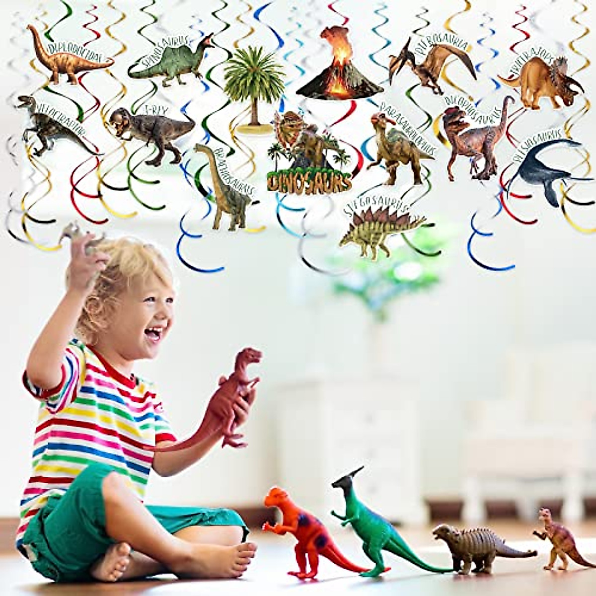 57 Pcs Dinosaur Hanging Swirls Dinosaur Birthday Party Decorations Dinosaur Foil Swirls Ceiling Spiral Streamers for Girl Boy Baby Shower Jungle Dinosaur Theme Party Supplies, Only 27 Cards