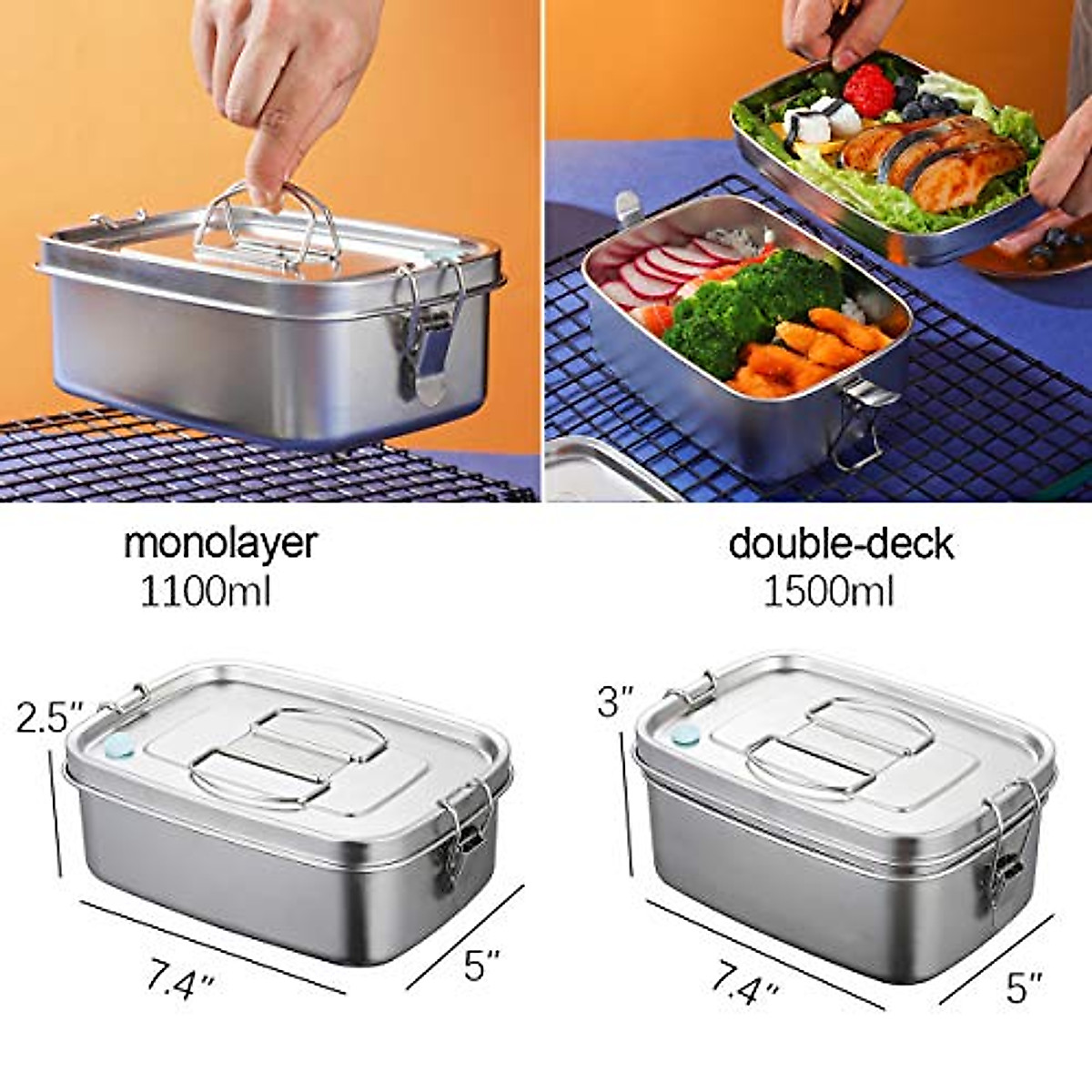 TargetEvo Stainless Steel Bento Lunch Box 1100ml, Leakproof Metal Food Container for Kids and Adults, With Removable Dividers, Dishwasher Safe