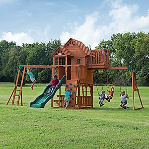 Backyard Discovery, Skyfort II Playground Cedar Wood Swing Set with Playhouse Fort, Sandbox, Picnic Table, Slide, Monkey Bars, Swings, Rock Climber, Outdoor Playset for kids Age 3-10 years