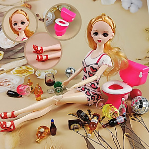 36 PCS Mini Wine Bottles Cake Toppers With 12 Mini Wine Bottles 5 Mini Wine Glasses 1Toilet Toy 1 Beauty Doll 21st Birthday Cake Topper for Celebrating Birthday Girl Party (Pink)