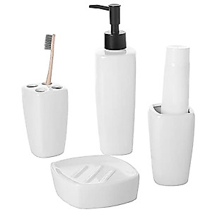 MyGift 4 Piece Ceramic White Bathroom Accessories Set Includes Lotion Dispenser with Matte Black Pump, Toothbrush Holder, Tumbler and Soap Dish