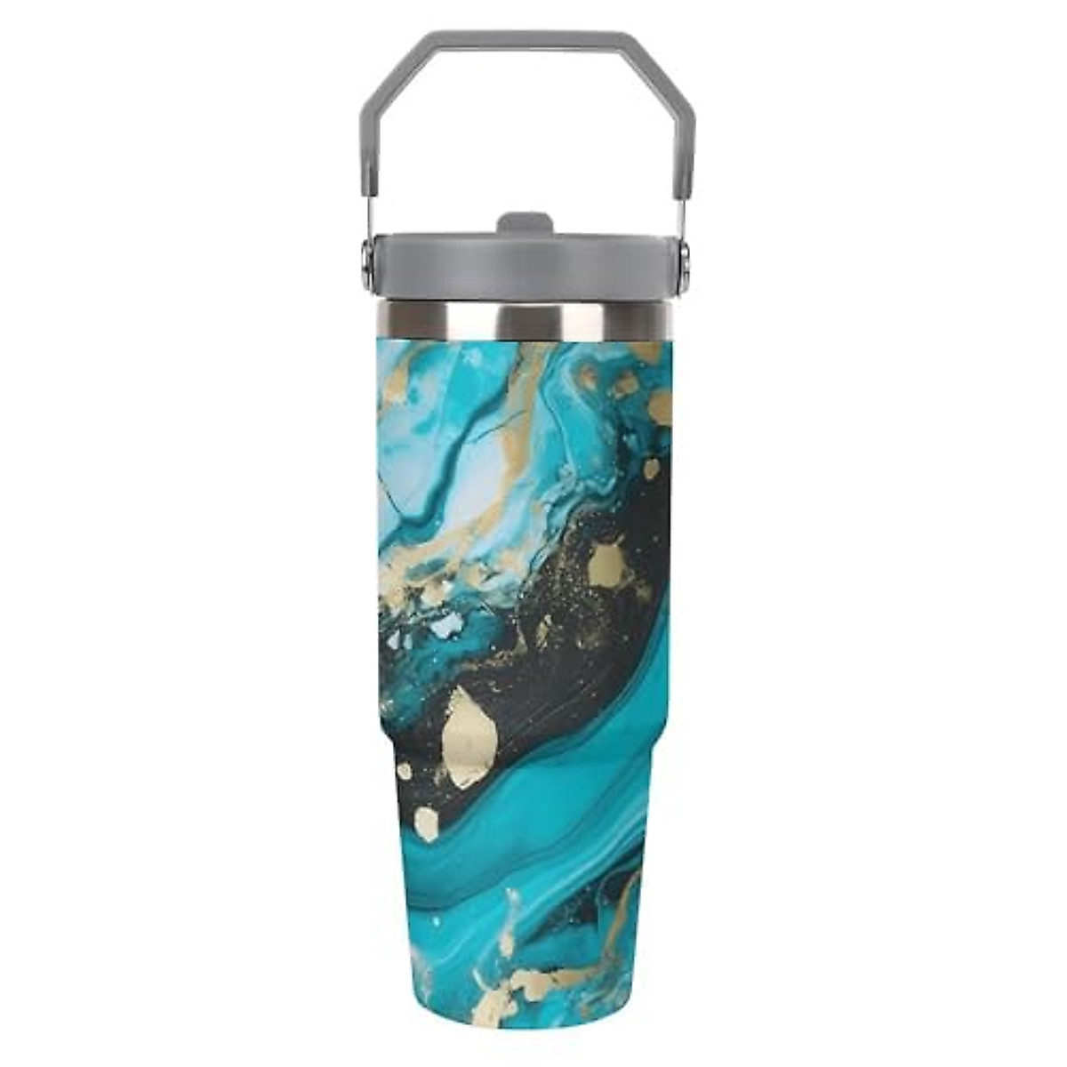30 Oz Tumbler with Handle And Straw, Turquoise Blue Gold Marble Leakproof Stainless Steel Water Bottle for Hot & Cold Drinks 24 Hours, Car Cup Holder Friendly, Travel Mug for Home, Office, Gym