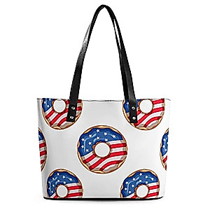 Womens Handbag Donut Pattern American Flag Leather Tote Bag Top Handle Satchel Bags For Lady