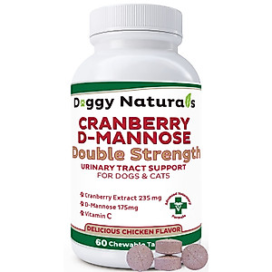 Cranberry D-Mannose for Dogs and Cats Urinary Tract Infection Support Prevents and Eliminates UTI, Bladder Infection Kidney Support, Antioxidant (Double Strength Tablet, 60 Count)