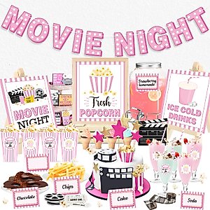 K KUMEED Movie Night Party Decorations-Pink Movie Night Banner Cute Popcorn Sign Ice Cold Drink Toppings Tent Cards Movie Night Stickers for Movie Theme Party Summer Ice Bar Film Party Supplies