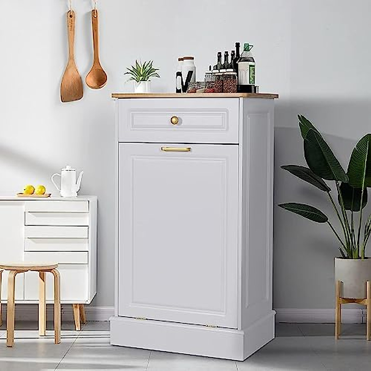 Scurrty 20.5'' Wooden Tilt Out Trash Can Cabinet for Kitchen Island,Tilt Out Bin for Trash Disposal Recycling, Handmade Solid Wood Hideaway Trash Holder for Laundry Hamper with Drawer (White, Single)