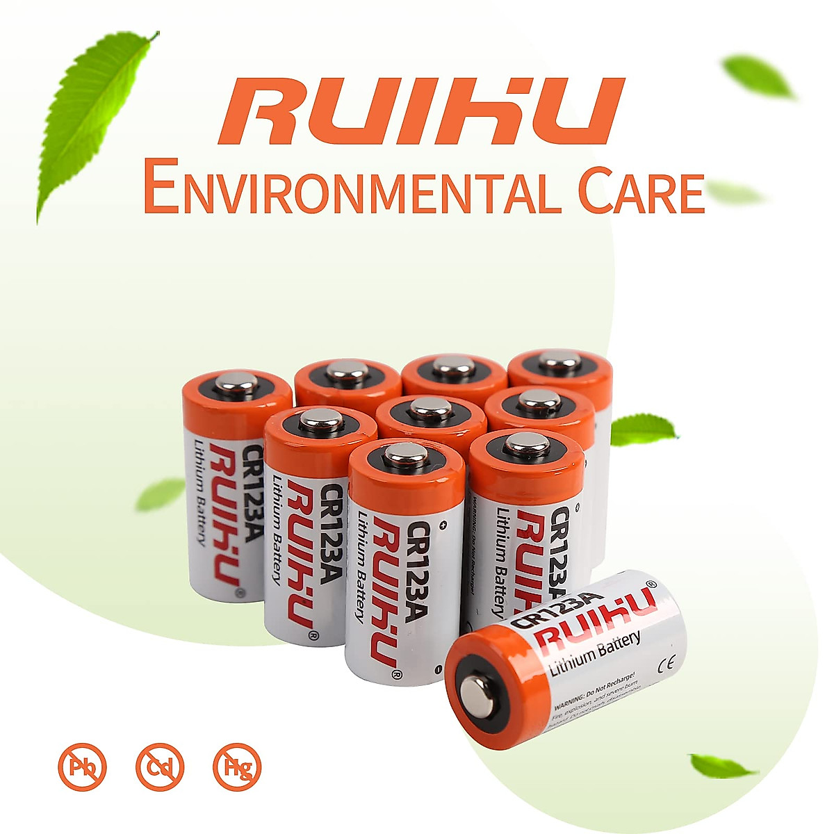 RUIHU CR123A Lithium Battery, 10 Pack 3V 1500mAh Lithium Manganese Dioxide(Li-MnO2) Battery for Flashlight Alarm Smart Sensor Microphones, Non-Rechargeable