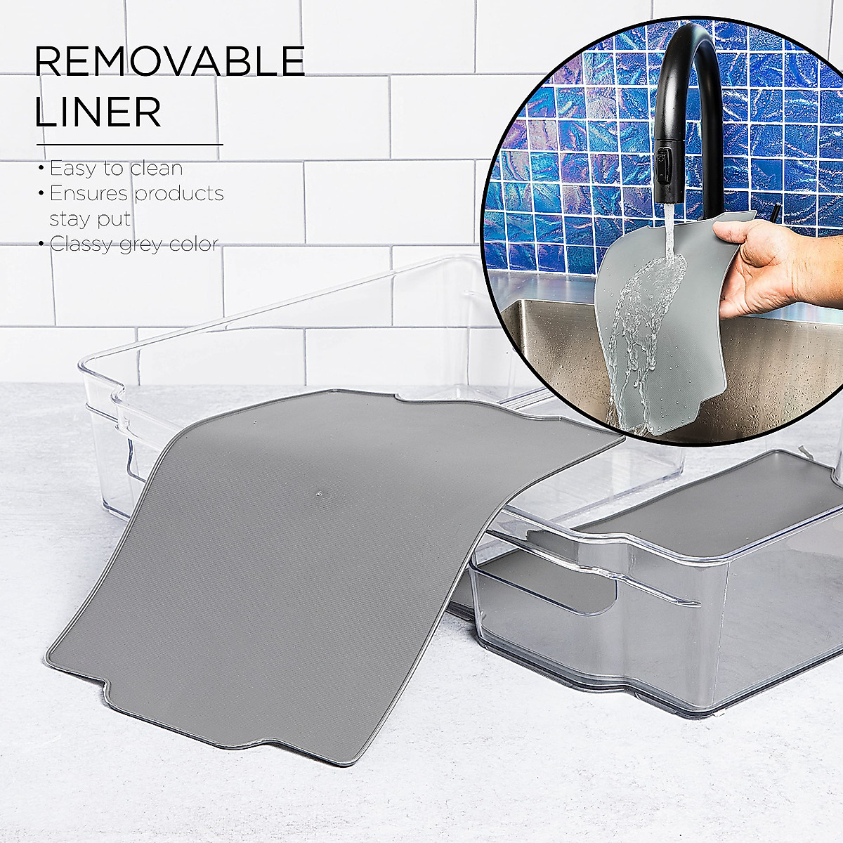 Clear Refrigerator Organizer Bins - 2 Pack Large Sized (8.25" x 12.5") Clear Bins for Fridge with Liners, Containers for Fridge and Freezer, Multipurpose Storage for Kitchen, Office, Bathroom (Grey)