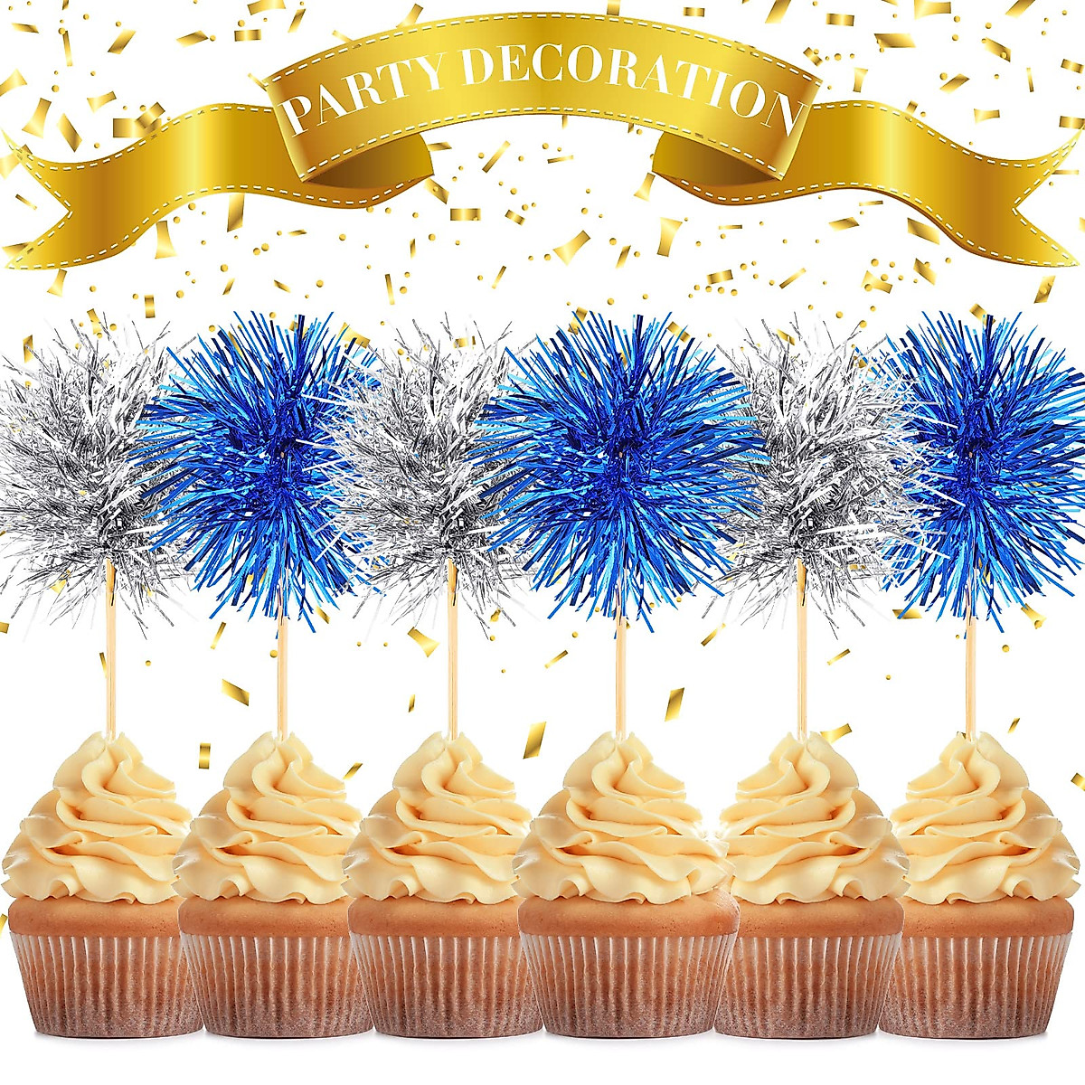 Chinco 100 Pcs Foil Firework Cupcake Toppers Sparkle Tinsel Cake Toppers Cake Decoration Cocktail Fruit Toothpick for Birthday Wedding Graduation Party(Silver, Blue)