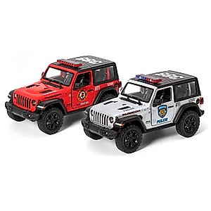 KiNSMART Jeep Wrangler Fire & Police Edition 5" 1:34 Scale Die Cast Metal Model Toy Car (SetOf2)