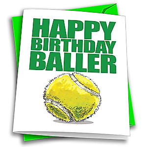 Play Strong Tennis Happy Birthday Baller Birthday Card 1-Pack (5x7) Illustrated Sports Birthday Cards Greeting Cards Awesome for Tennis Players, Coaches and Fans Birthdays, Gifts and Parties!