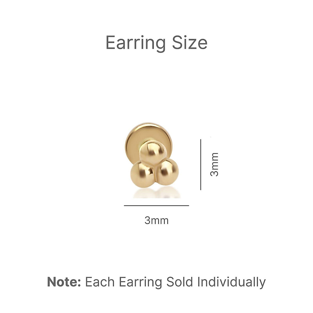 3 Ball Trinity Stud Earring for Women and Men in 14k Solid Yellow Gold, Hypoallergenic, Comfy Flat Backed Earring For Sensitive Ears, New Piercings (Single Piece)